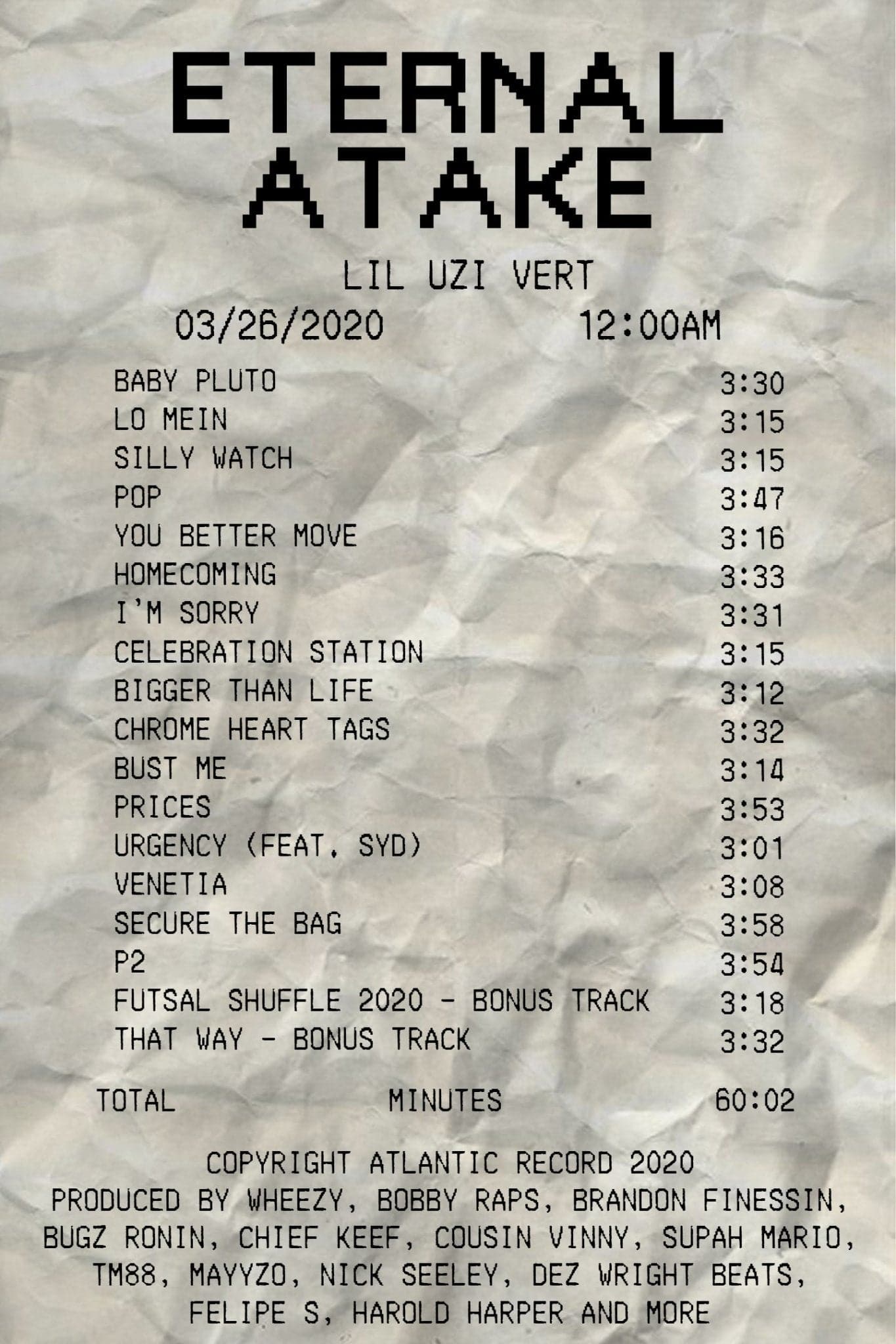 Lil Uzi Vert 'Eternal Atake Tracklist' Poster – Posters Plug